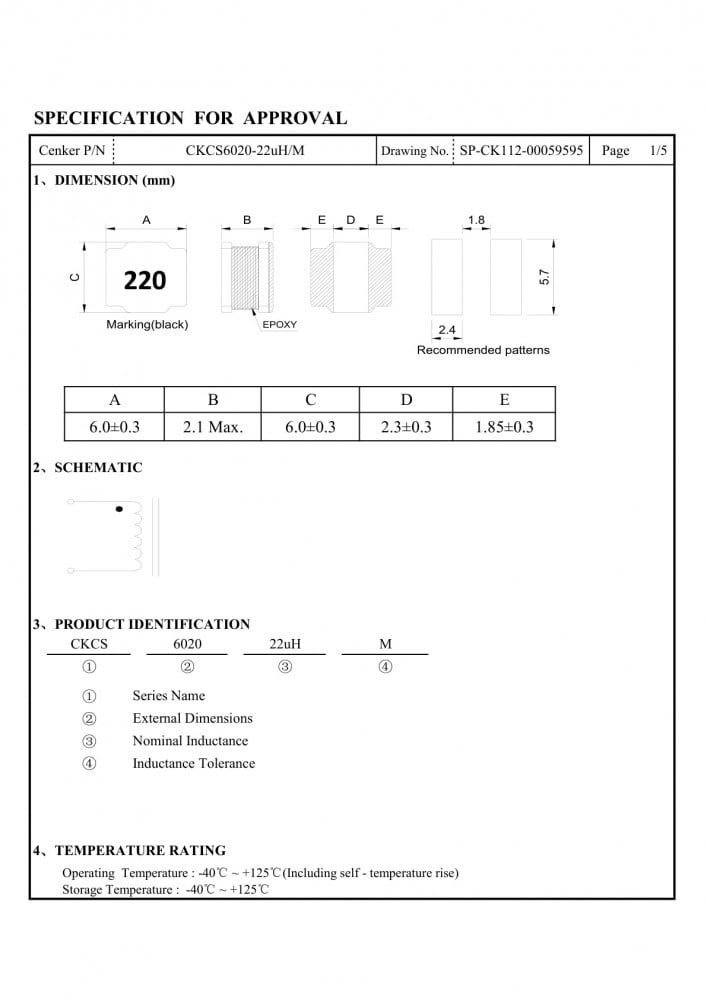 CKCS6020-22uH/M material and electrical data