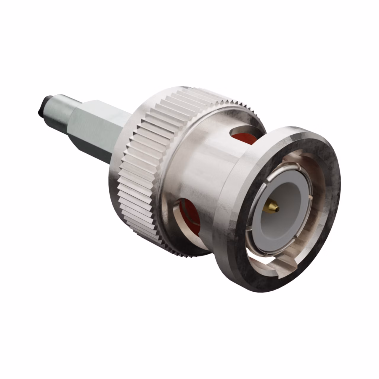 BNC Jack, Right-Angle, Bulkhead Receptacle, PCB, with Board Lock Legs, Filtered, Panel Isolated, Black PBT Housing, Housing Height 13.16mm, Nut and Lockwasher Included, Tin Plated Leads, 50 Ohms
