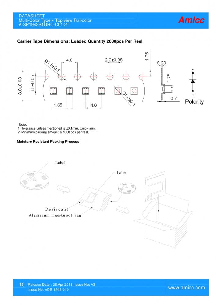 A-SP1942S1GHC-C01-2T carrier tape and moisture process