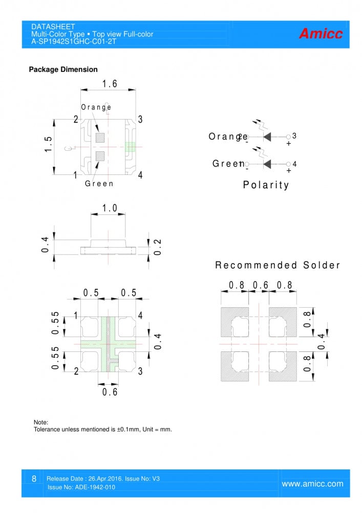 A-SP1942S1GHC-C01-2T polarity and soldering