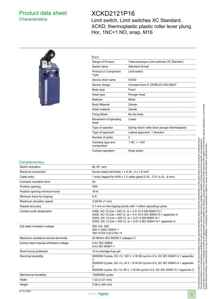 XCKD2121P16 technical documentation page 1