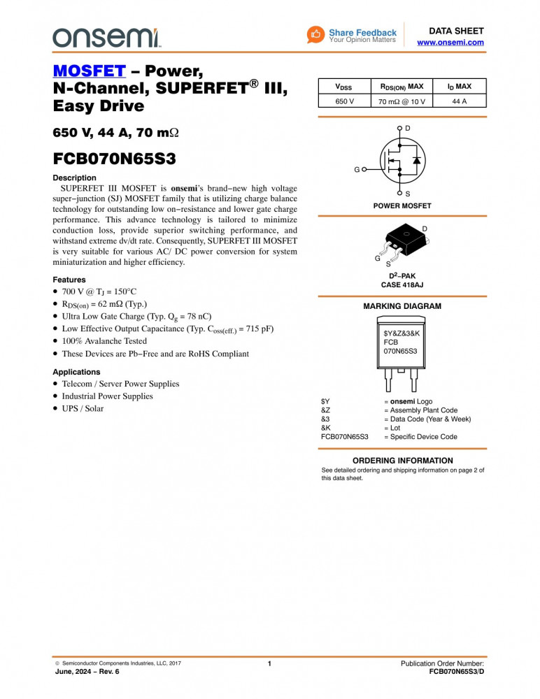 FCB070N65S3 datasheet page 1