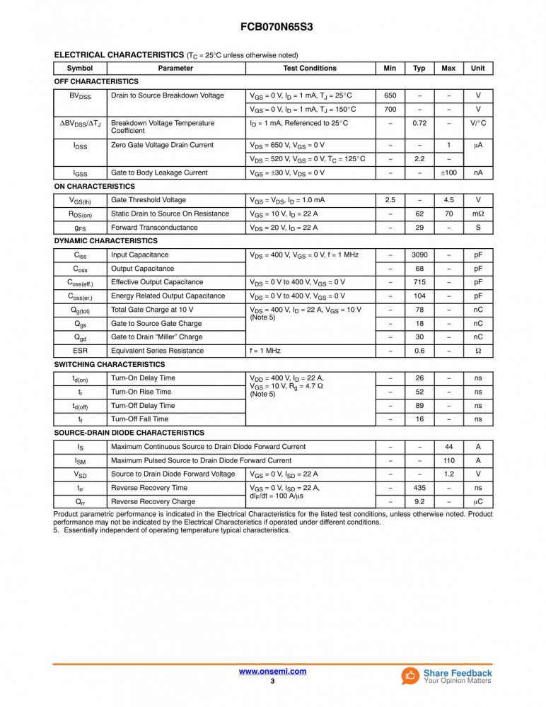 FCB070N65S3 datasheet page 3