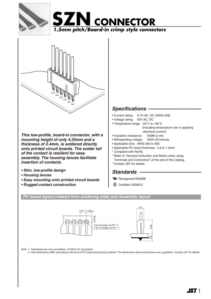 JST SZN connector specification page