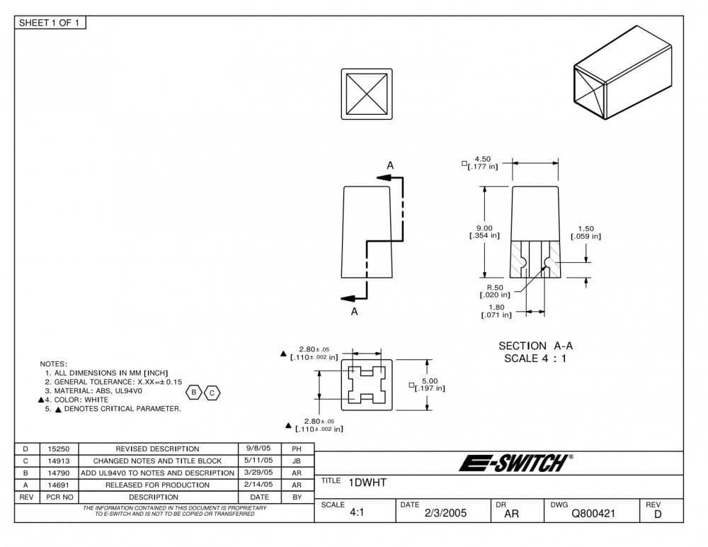 E-Switch 1DWHT mechanical drawing