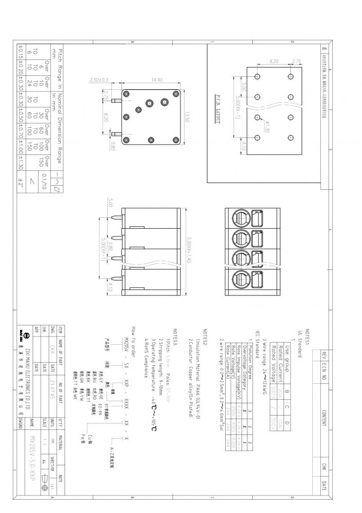 MX205V-5.0 terminal block technical drawing