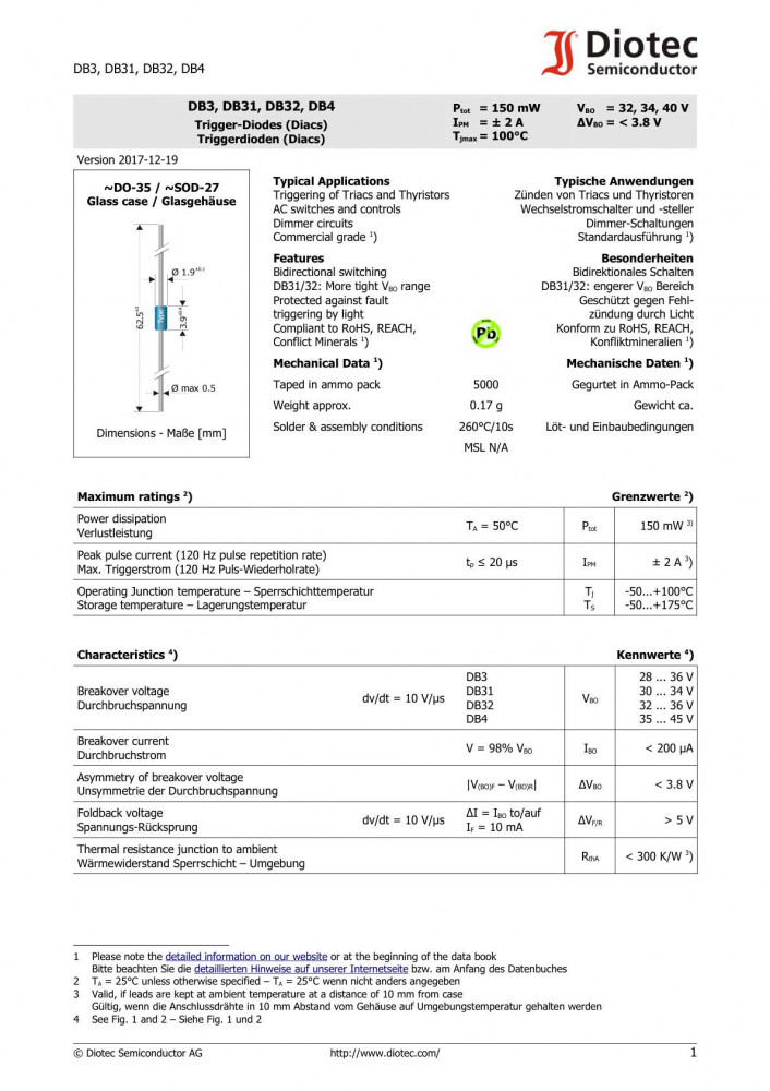 DIOTEC DB32 trigger diode datasheet page 1