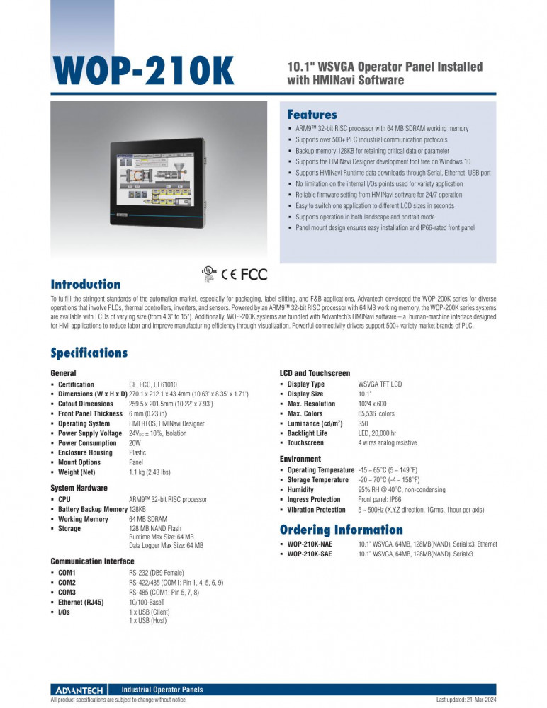 WOP-210K product documentation page 1
