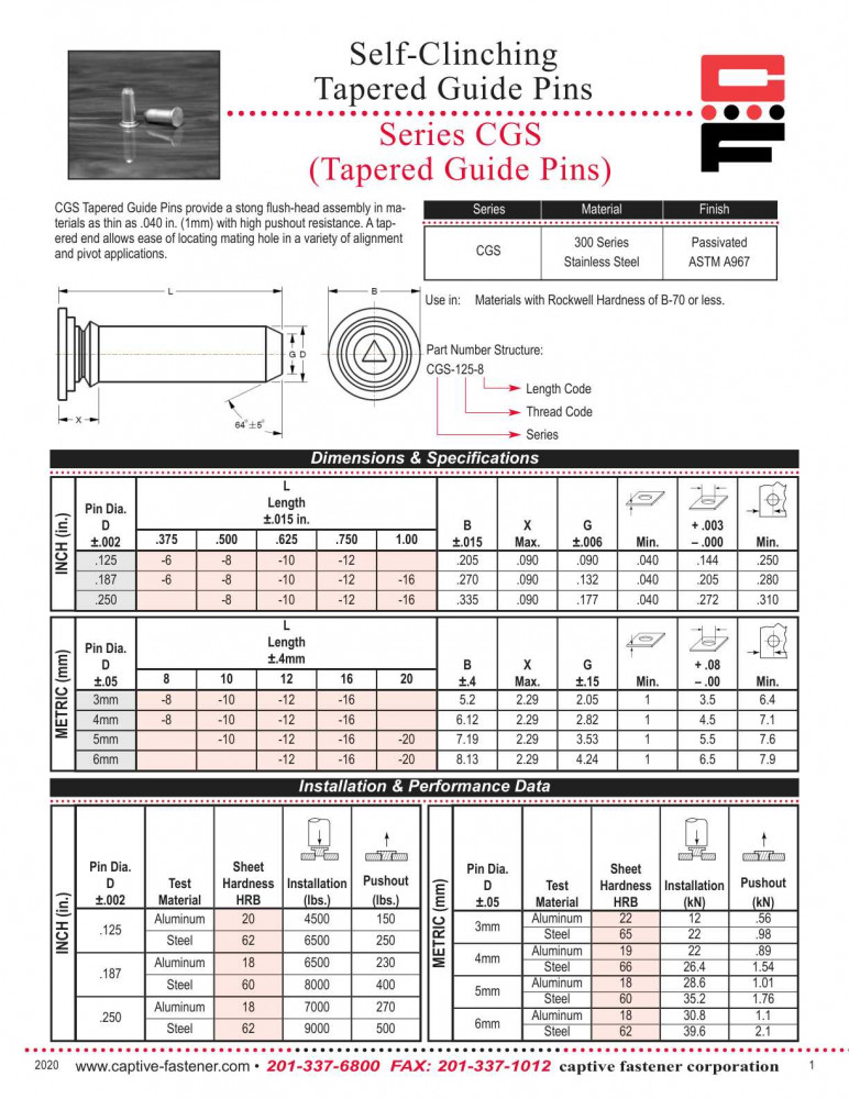 Captive Fastener Corporation CGS tapered guide pin catalog page