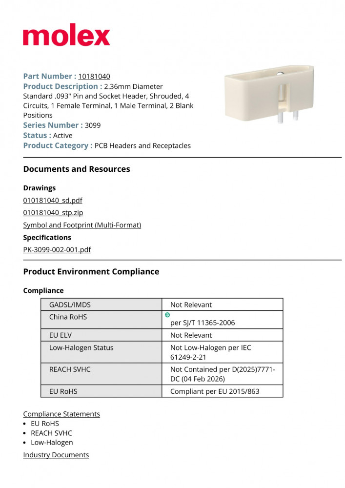MOLEX 10181040 technical document page 1