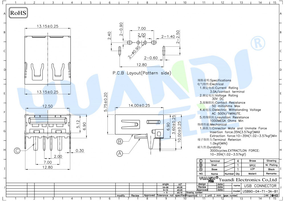 YUANDI USB90-04-T1-3A-B1 technical drawing and specification page