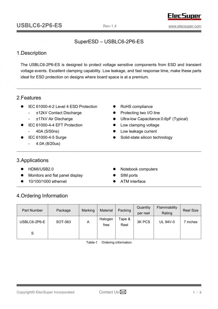 USBLC6-2P6-ES datasheet page 1