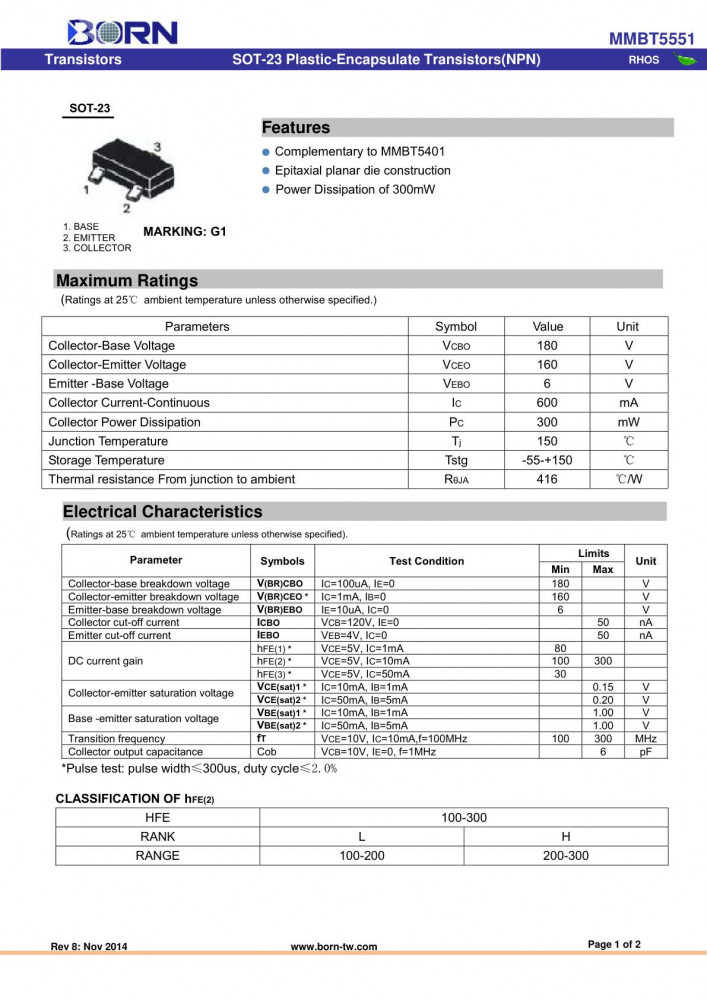 BORN MMBT5551 datasheet page 1