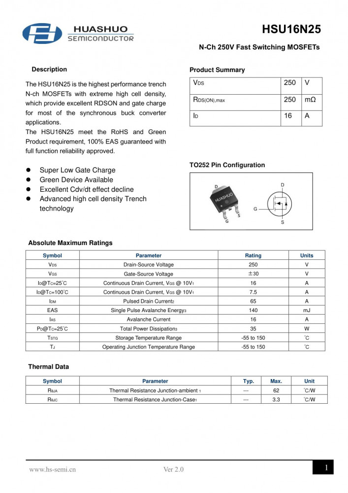 HSU16N25 datasheet page 1