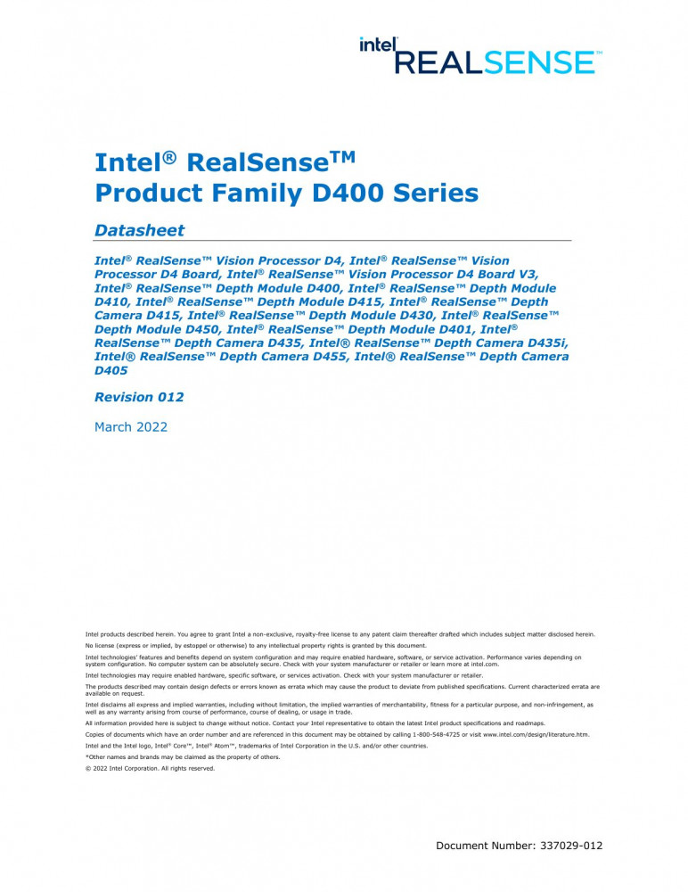 Intel RealSense D400 Series datasheet page 1