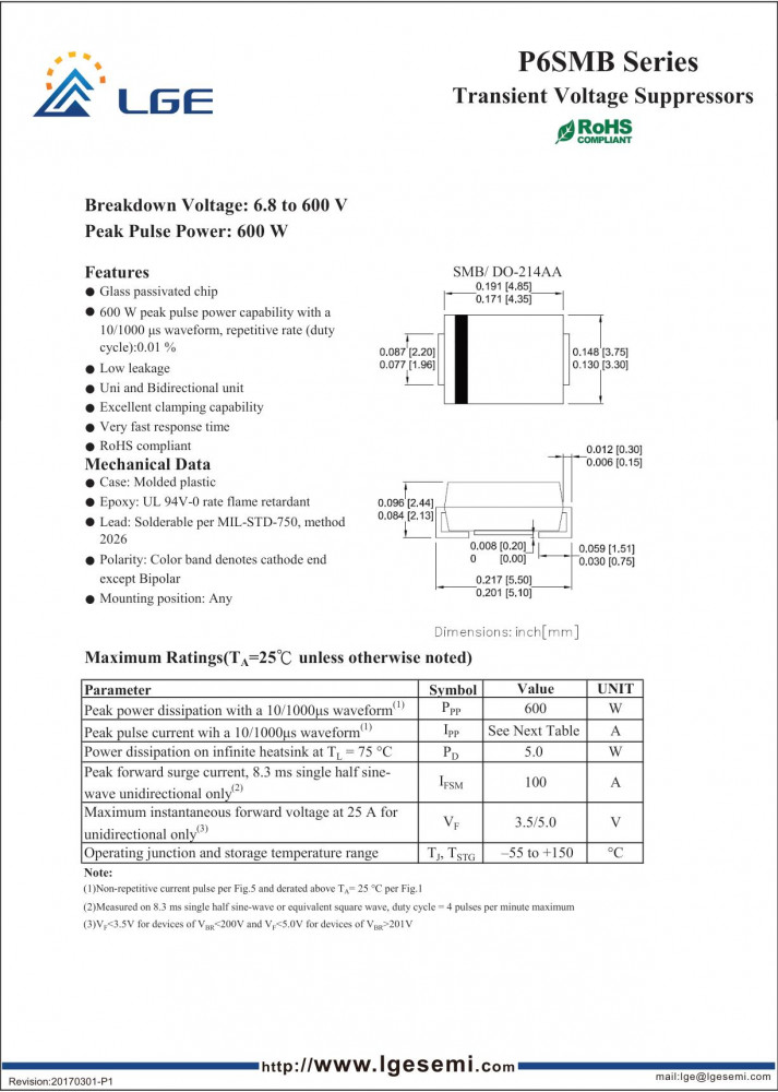 LGE P6SMB TVS diode datasheet page 1