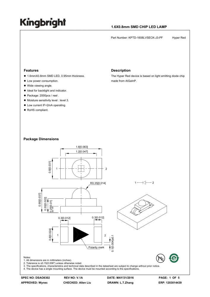 KPTD-1608LVSECK-J3-PF datasheet page 1