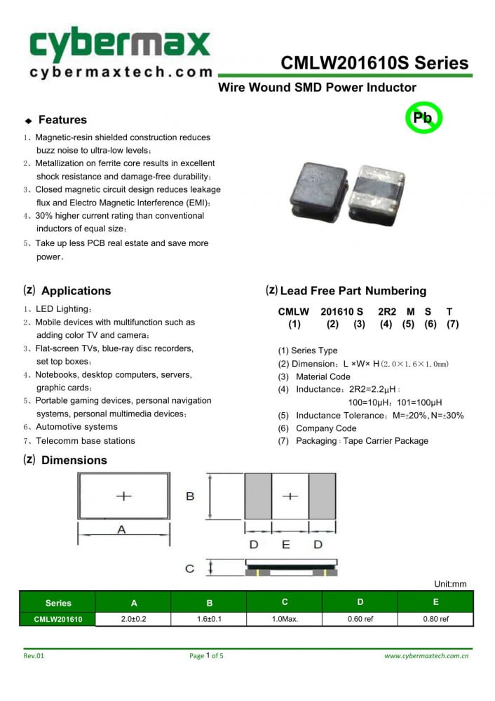 Cybermax CMLW201610 series datasheet page 1