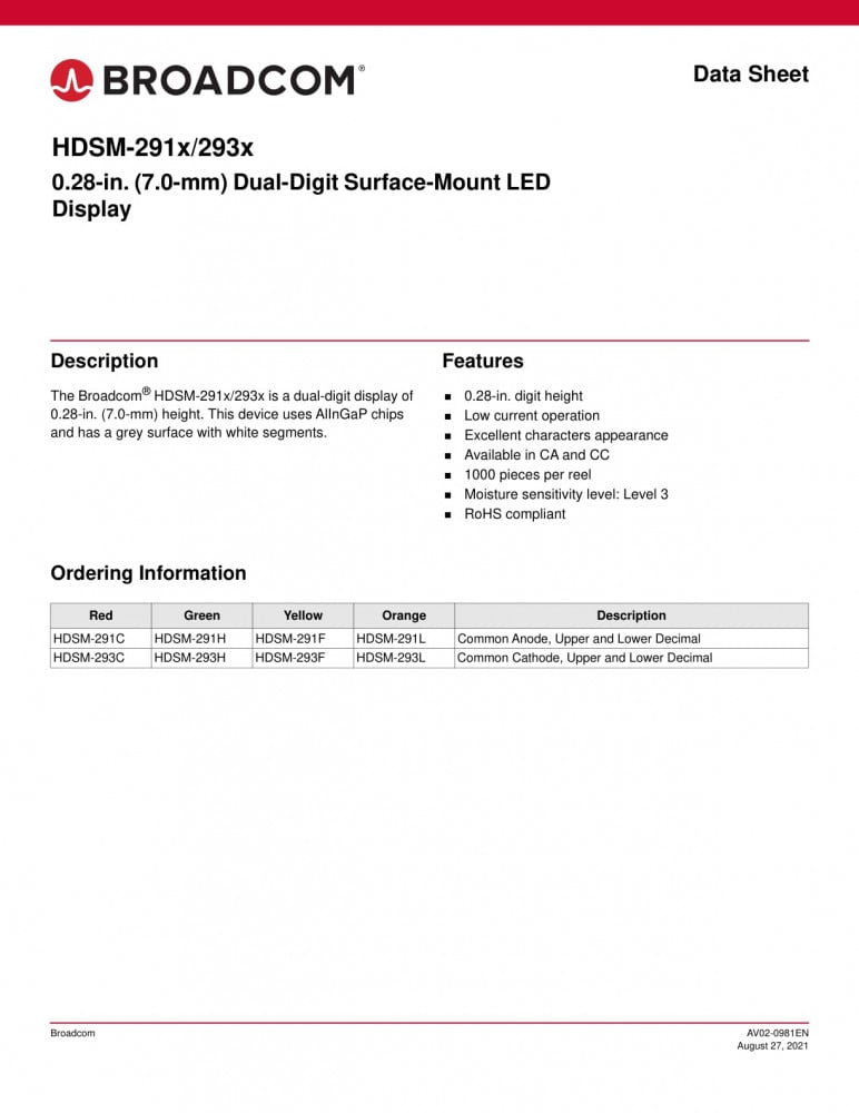 HDSM-291C datasheet page 1