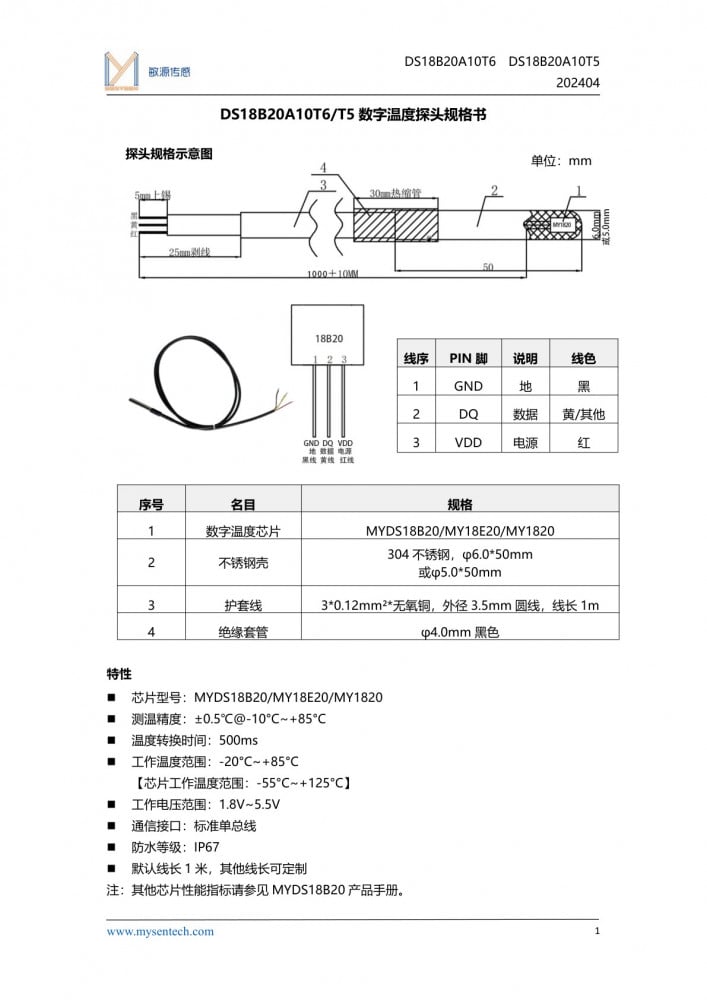 DS18B20A10T5 datasheet page 1
