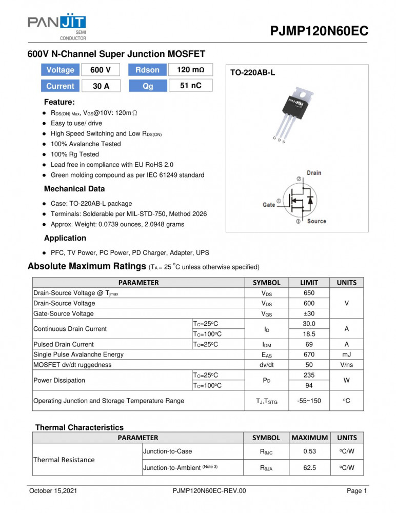 PJMP120N60EC datasheet page 1