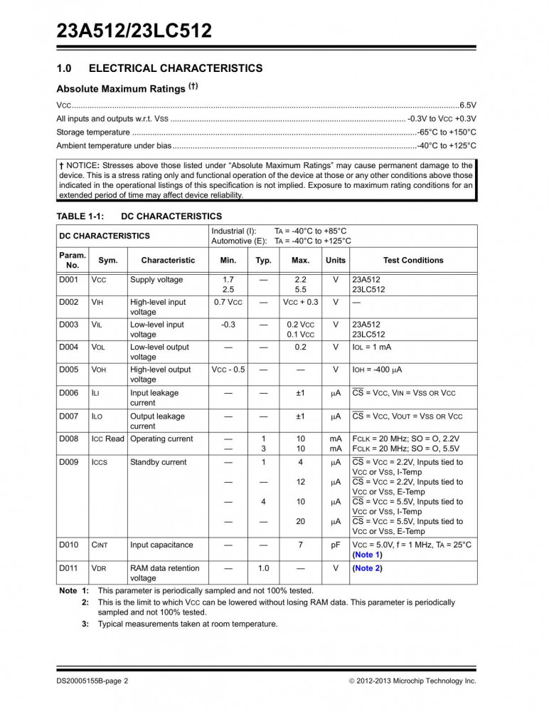 23LC512 technical document page 2