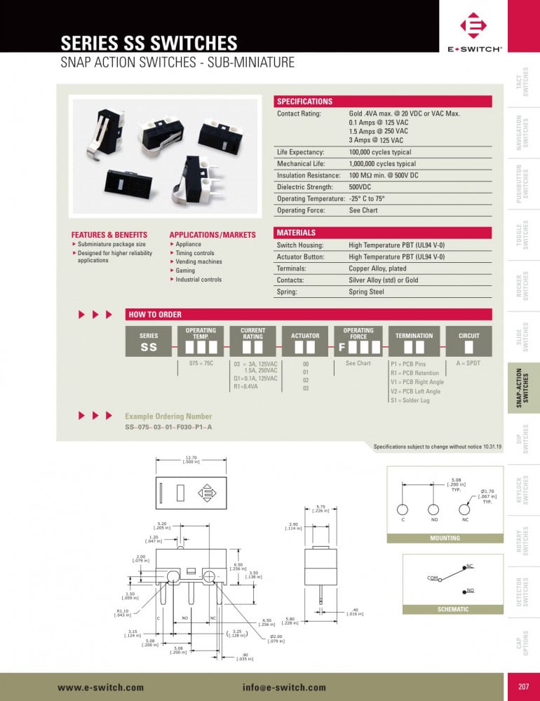 E-Switch SS075 series technical document page 1