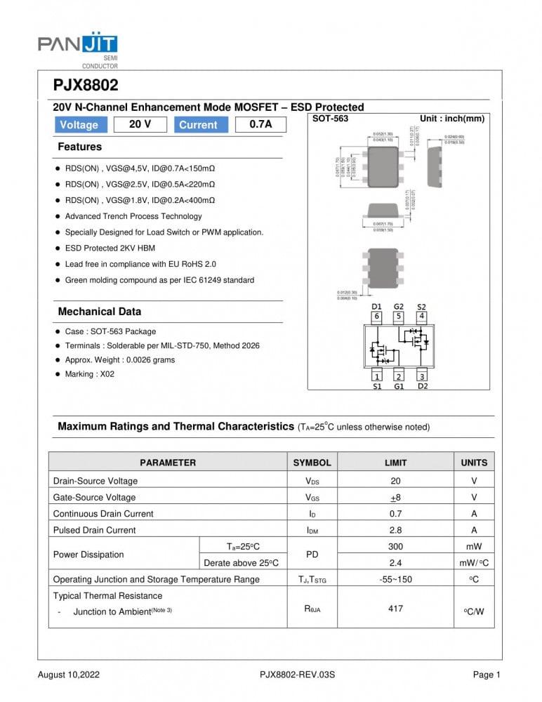 PJX8802 datasheet page 1