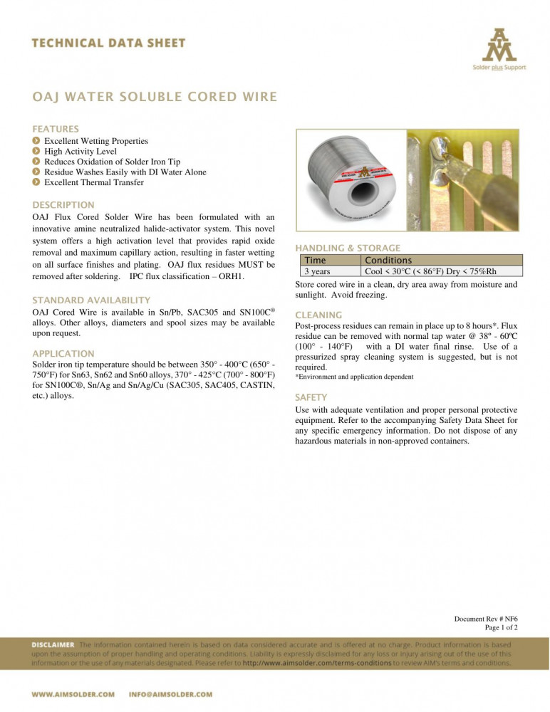 OAJ Water-Soluble Cored Wire document page 1