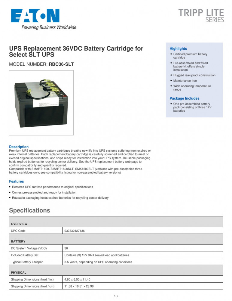 RBC36-SLT product documentation, page 1