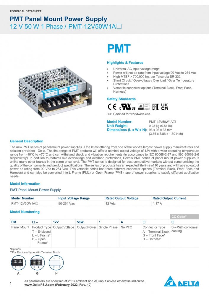 DELTA PMT-12V50W1AG datasheet page 1