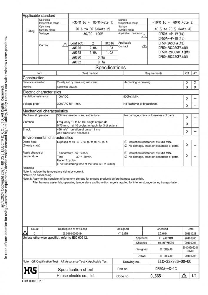 HRS DF50A-12S-1C specification sheet preview