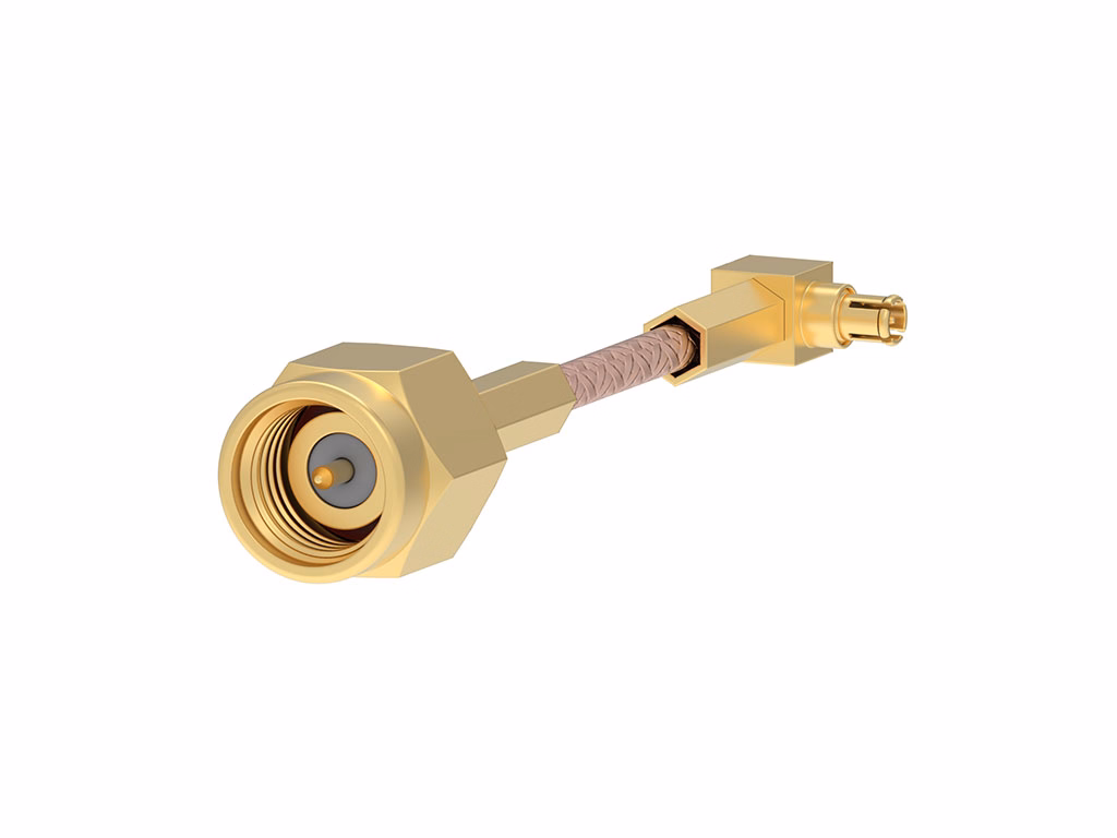 MMCX Right-Angle Plug to MMCX Straight Plug on 1.13mm Cable, 580.90mm Length, 50 Ohms