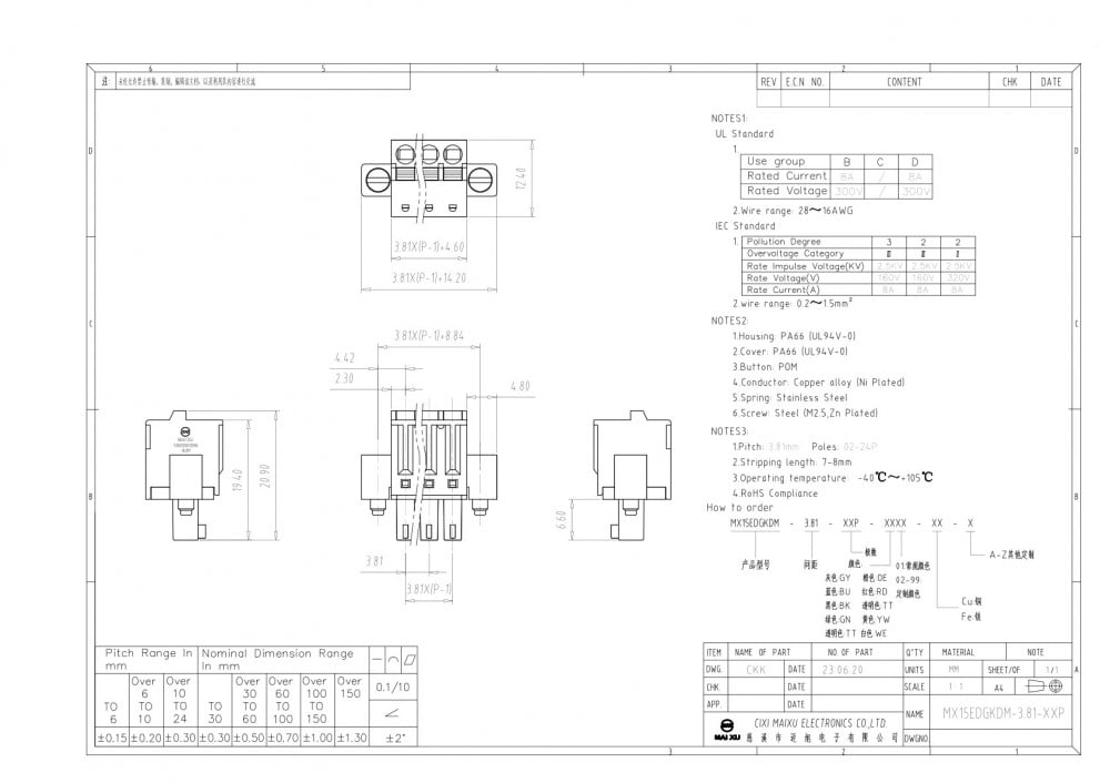 MX15EDGKDM-3.81 terminal block technical drawing