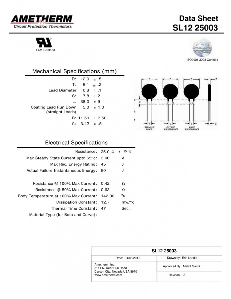 Ametherm SL12 25003-B datasheet page
