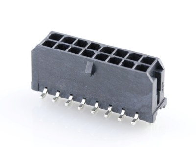 Micro-Fit 3.0 Vertical Header, 3.00mm Pitch, Dual Row, 16 Circuits, with  PCB Press-fit Metal Retention Clip, 0.38µm Gold Plating, Glow-Wire Capable, Black, Tape and Reel for sale