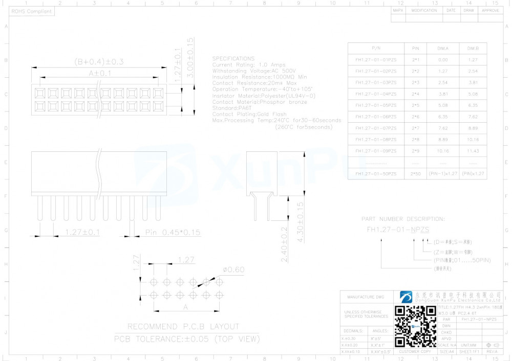 XUNPU FH1.27-01-14PZS technical drawing