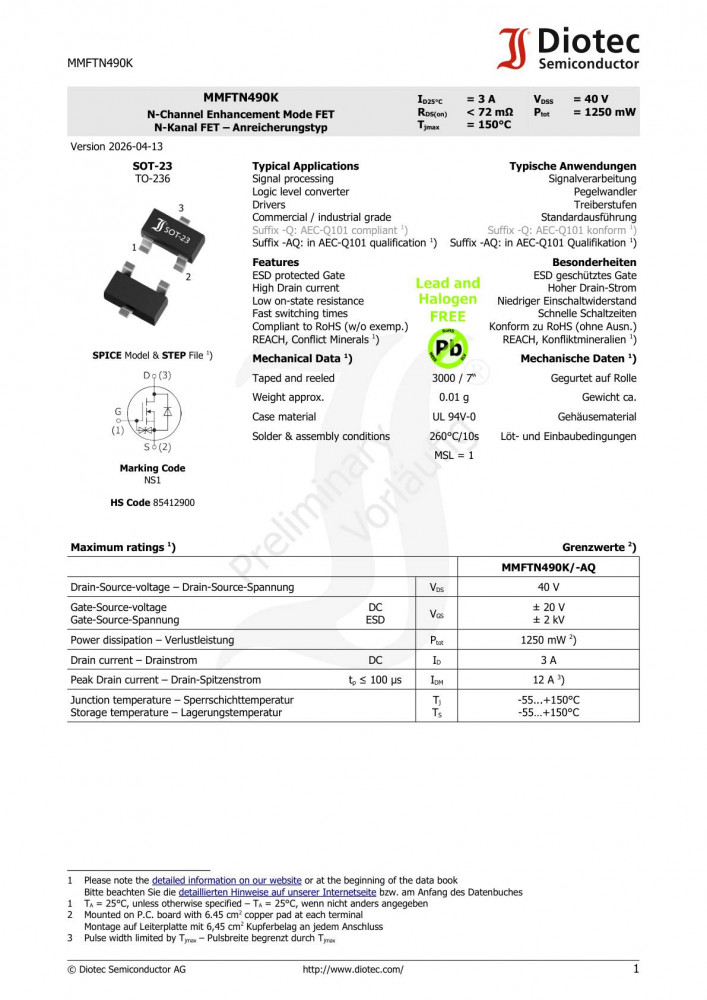 DIOTEC MMFTN490K-AQ datasheet page 1