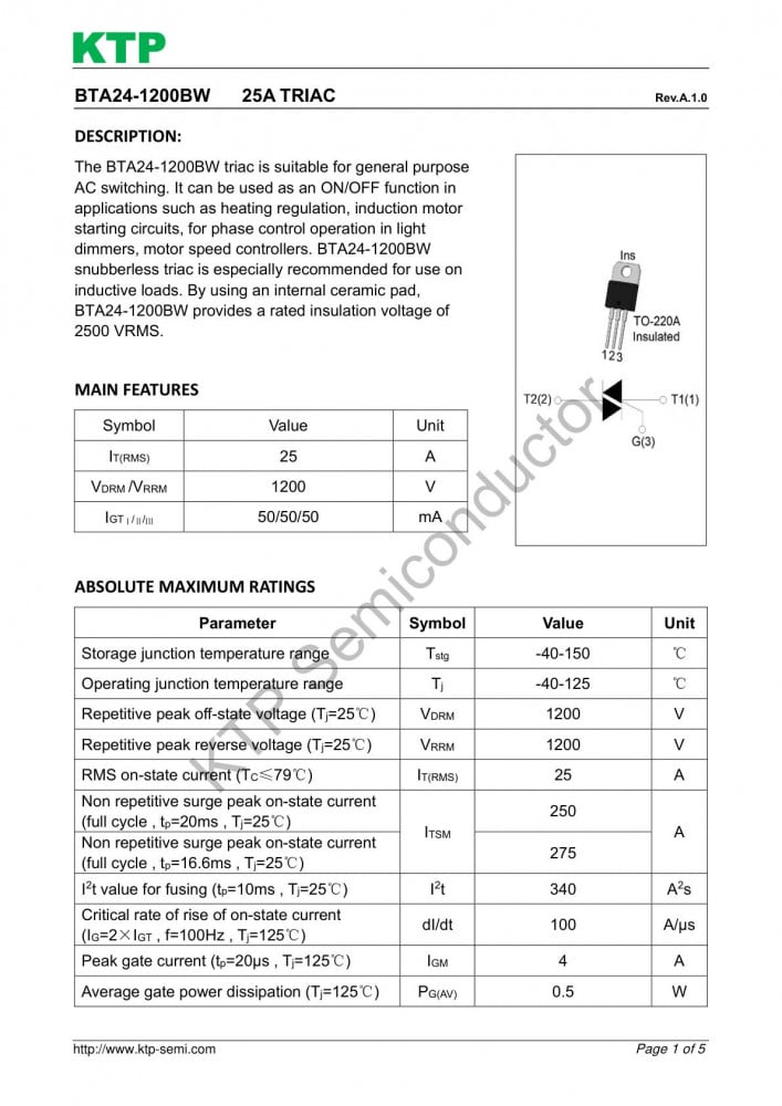 BTA24-1200BW datasheet page 1