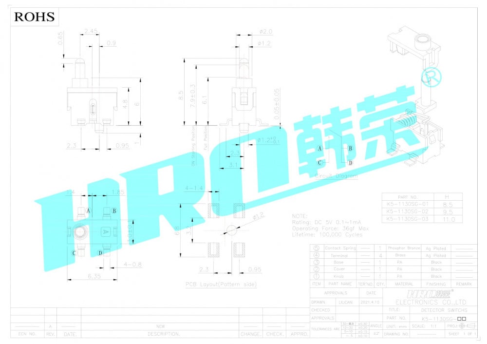 K5-1130SG-03 detector switch specification page