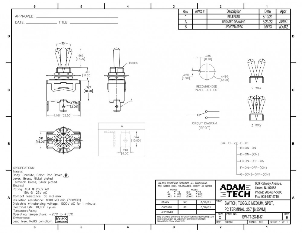 ADAM TECH SW-T1-2X-B-K1 toggle switch product drawing