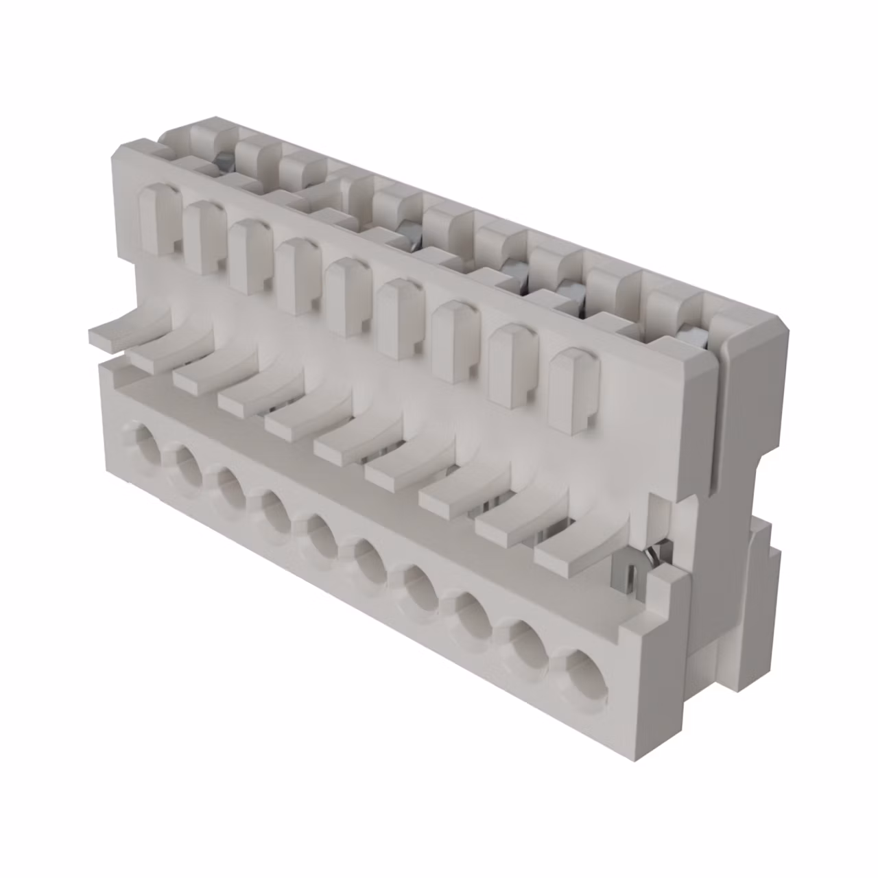 Appli-Mate RAST 2.5 IDT Housing, 2.50mm Pitch, Female, 10 Circuits, Beaded Terminal, Position Keys A & K Removed, Slotted Endwalls, Polarizing Rib Between Circuits 3 & 4, Voided Circuits 2, 4, 6, & 9 for sale