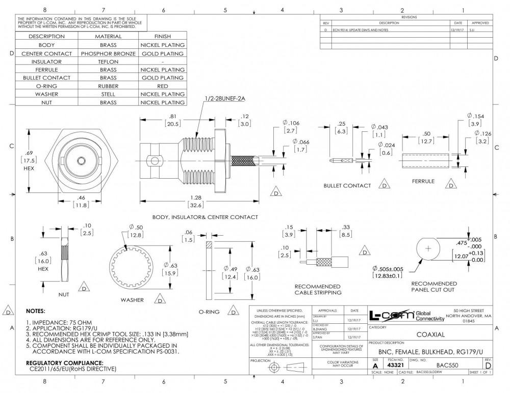 L-com BAC550 technical drawing and notes