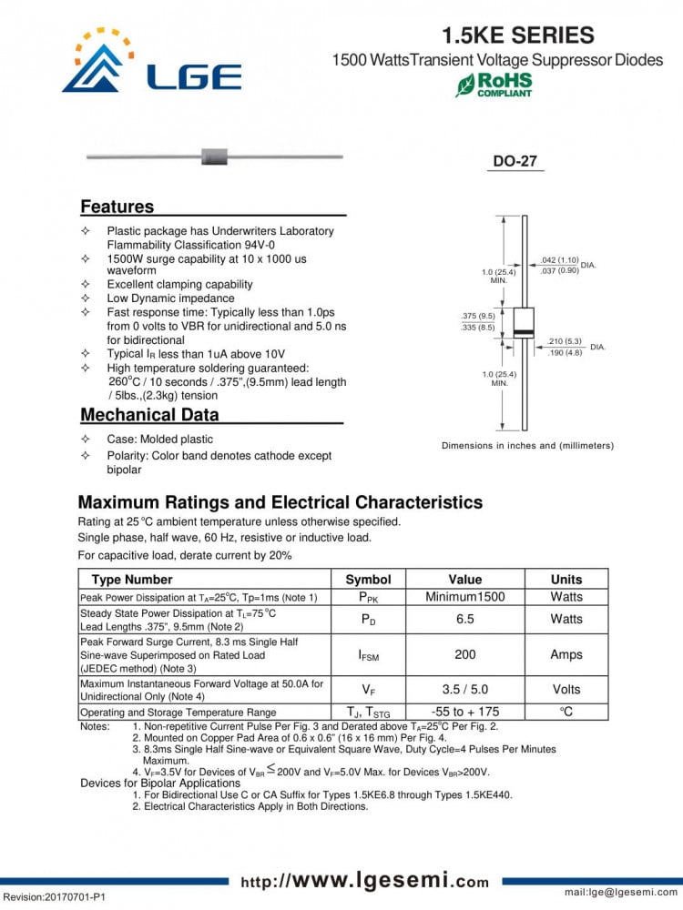 LGE 1.5KE series datasheet page 1