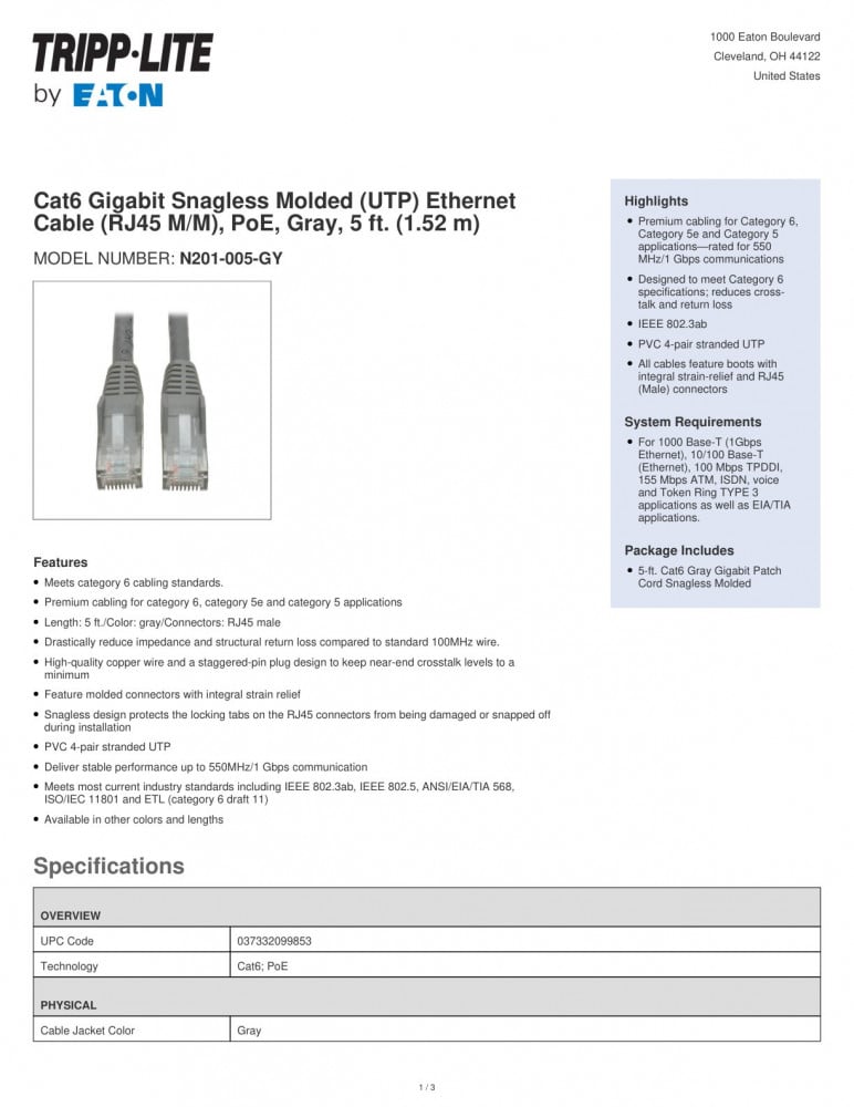 N201-005-GY technical document page 1