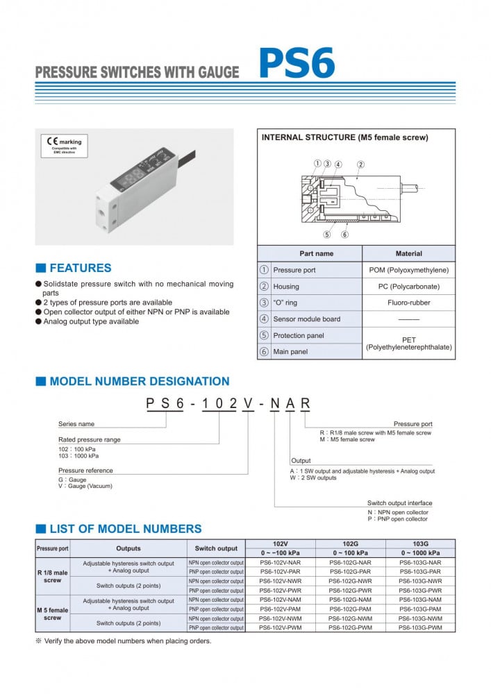 PS6 pressure switch datasheet page 1