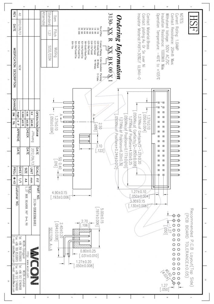 Wcon 3130 series 1.27 mm right-angle box header drawing
