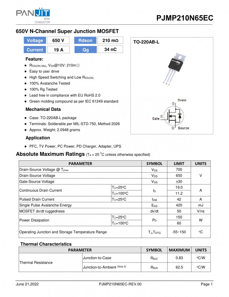 PJMP210N65EC datasheet page 1