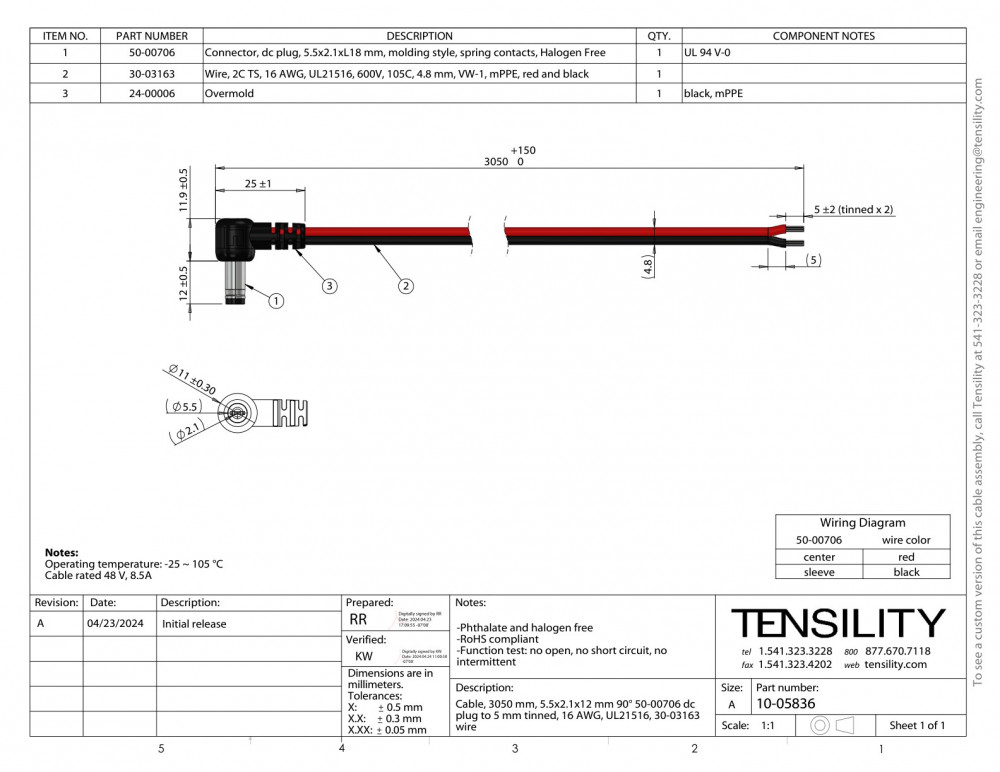 Tensility 10-05836 product drawing and wiring information
