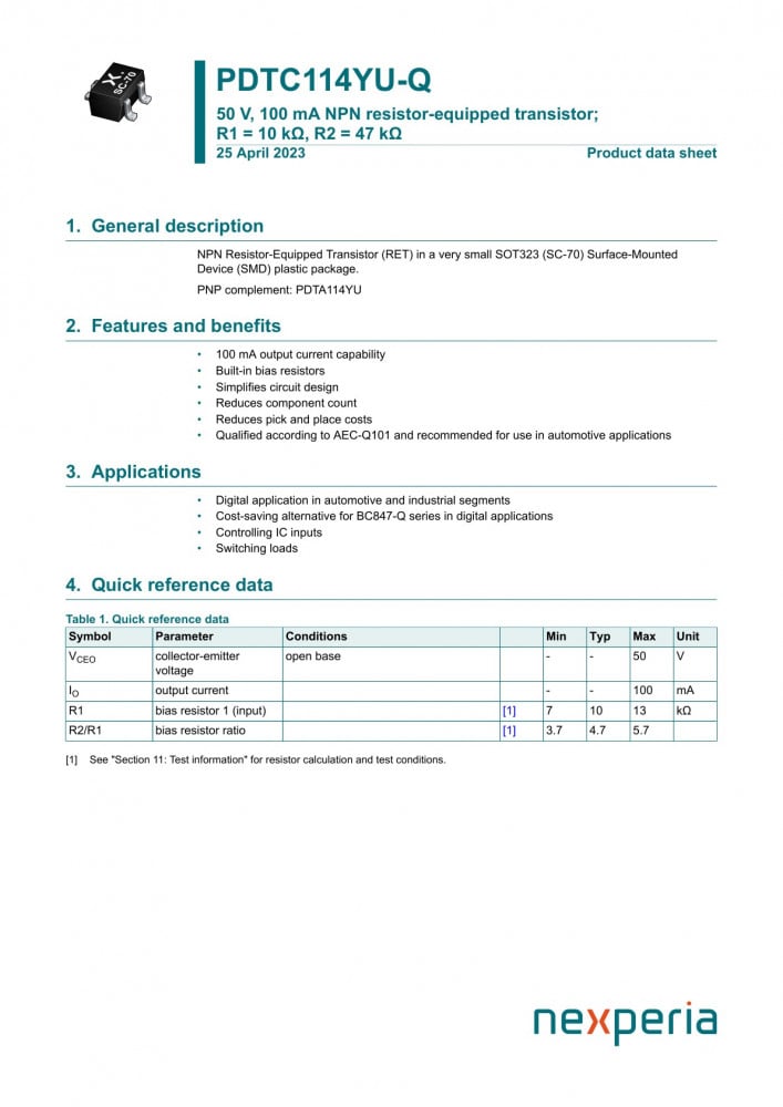 PDTC114YU-Q datasheet page 1